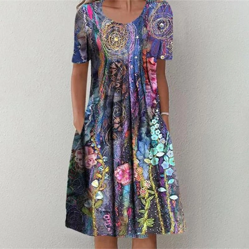 Fashion Elements Print Short Sleeve O Neck Pullover Dresses Female 2023 6199