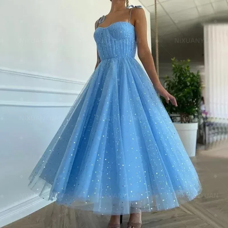 Sparkly Starry Tulle Blue Prom Dresses Sweetheart Short Tea Length ...