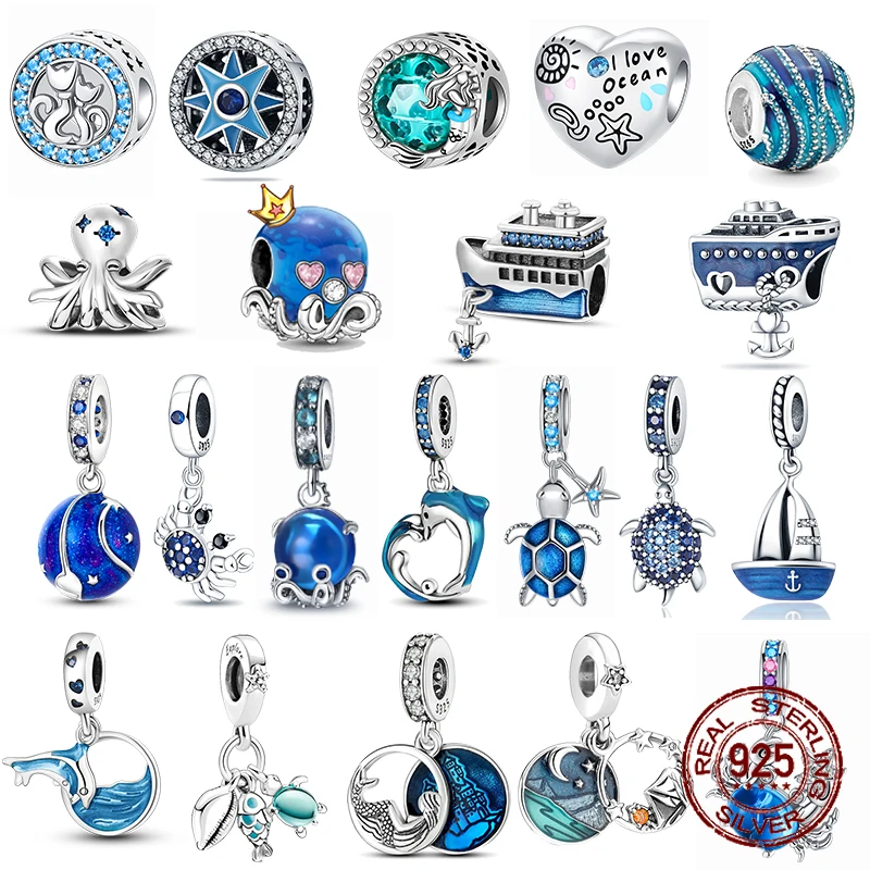 925-Sterling-Silver-Seashell-Dolphin-Mermaid-Tail-Blue-Charms-Fit ...