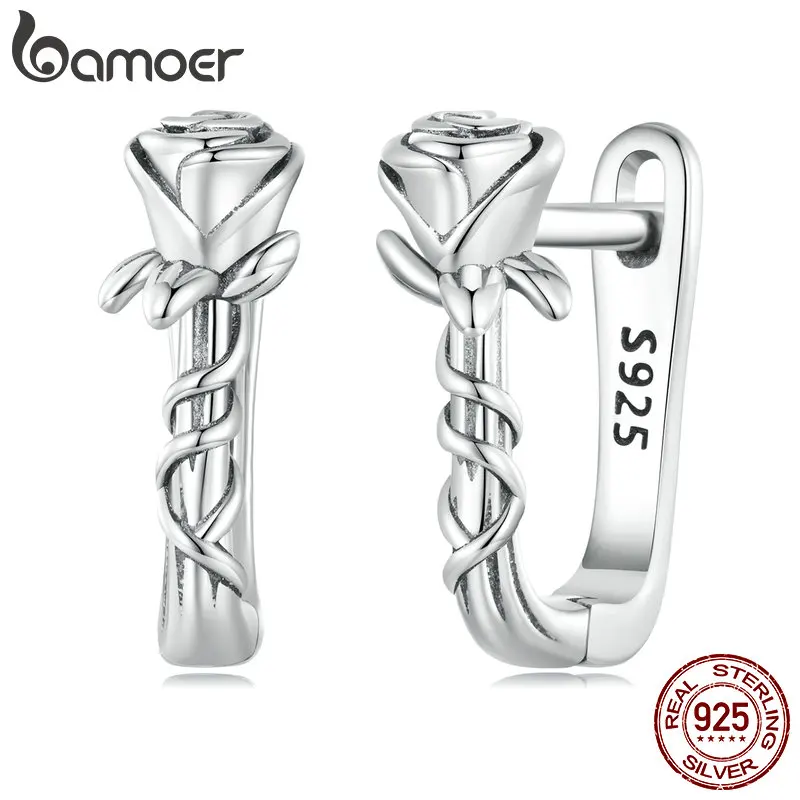 Bamoer-925-Sterling-Silver-Rose-U-shaped-Ear-Buckles-Rose-Vine-Earrings ...