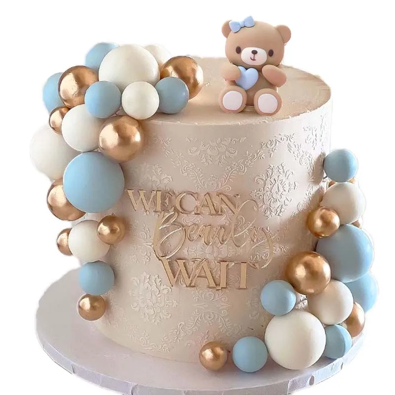 Baby-Shower-Urso-Bolo-Toppers-Branco-Azul-Bolas-De-Ouro-Suporte-Para ...
