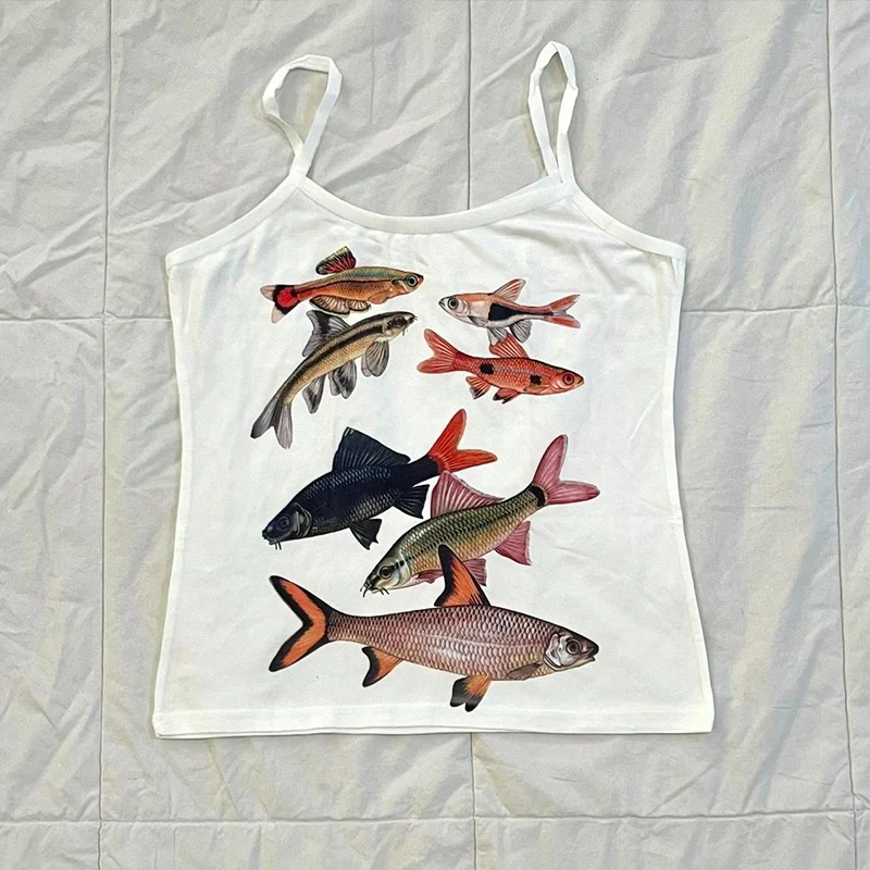 Sleeveless cute fish print crop top with exposed navel white sexy basic ...