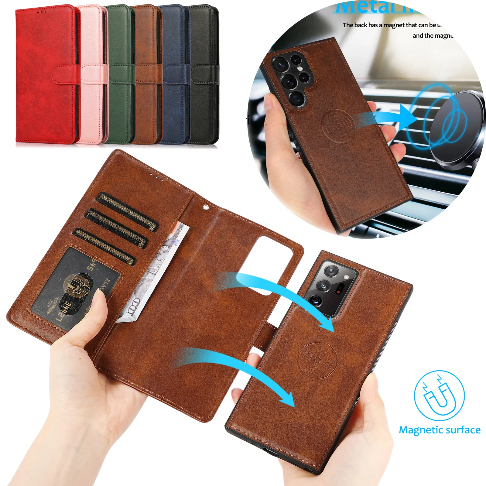 Detachable Leather Wallet Card Slot Magnetic Case For Samsung Galaxy S23 Ultra S22 S21 S20 FE ...
