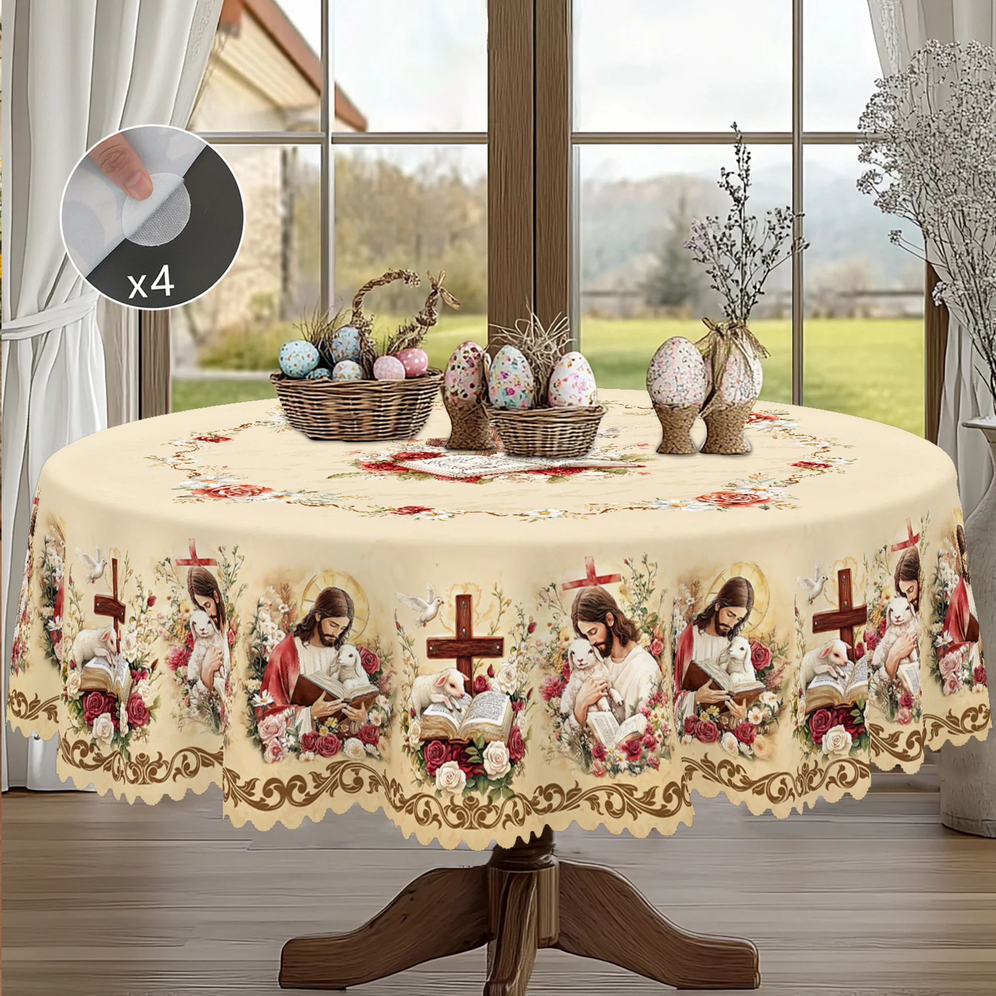 1 Piece of Spring Easter Tablecloth, Lamb, Flower Pattern Design, Retro ...