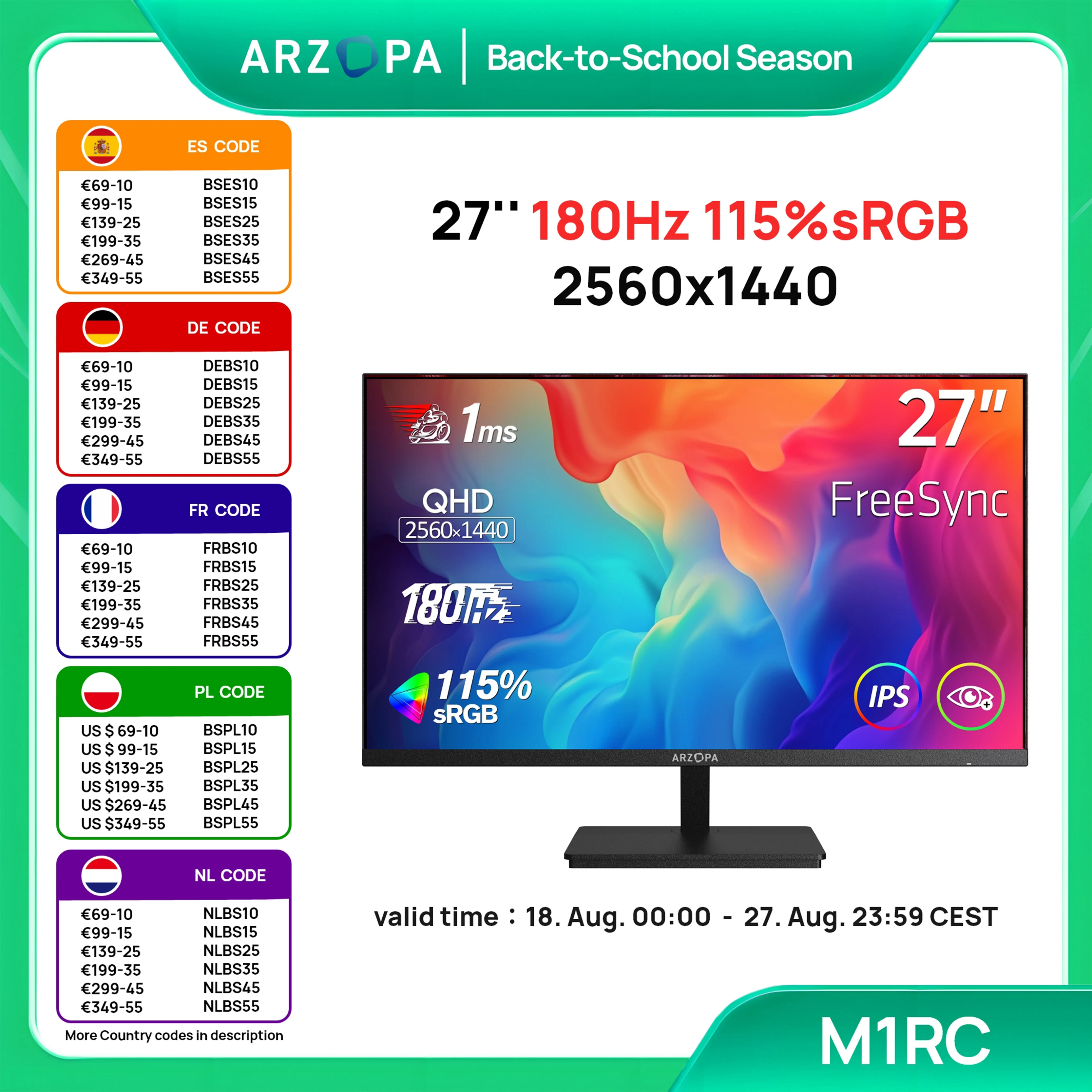 ARZOPA Monitor Da 27 Pollici 180Hz QHD 2K FastIPS FreeSync Monitor Da ...