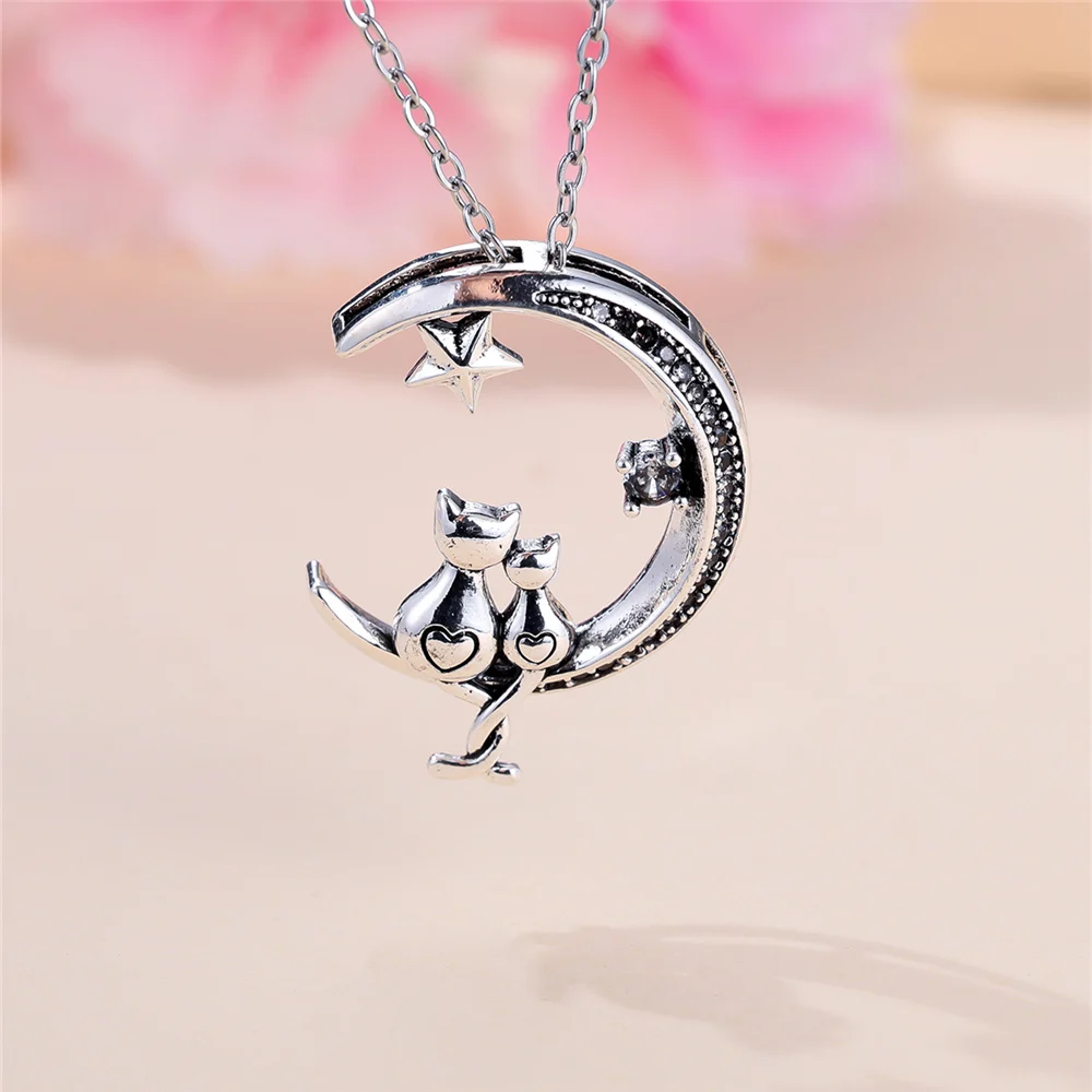 Female Moon Cute Cat Pendant Necklace Vintage Silver Color Wedding ...