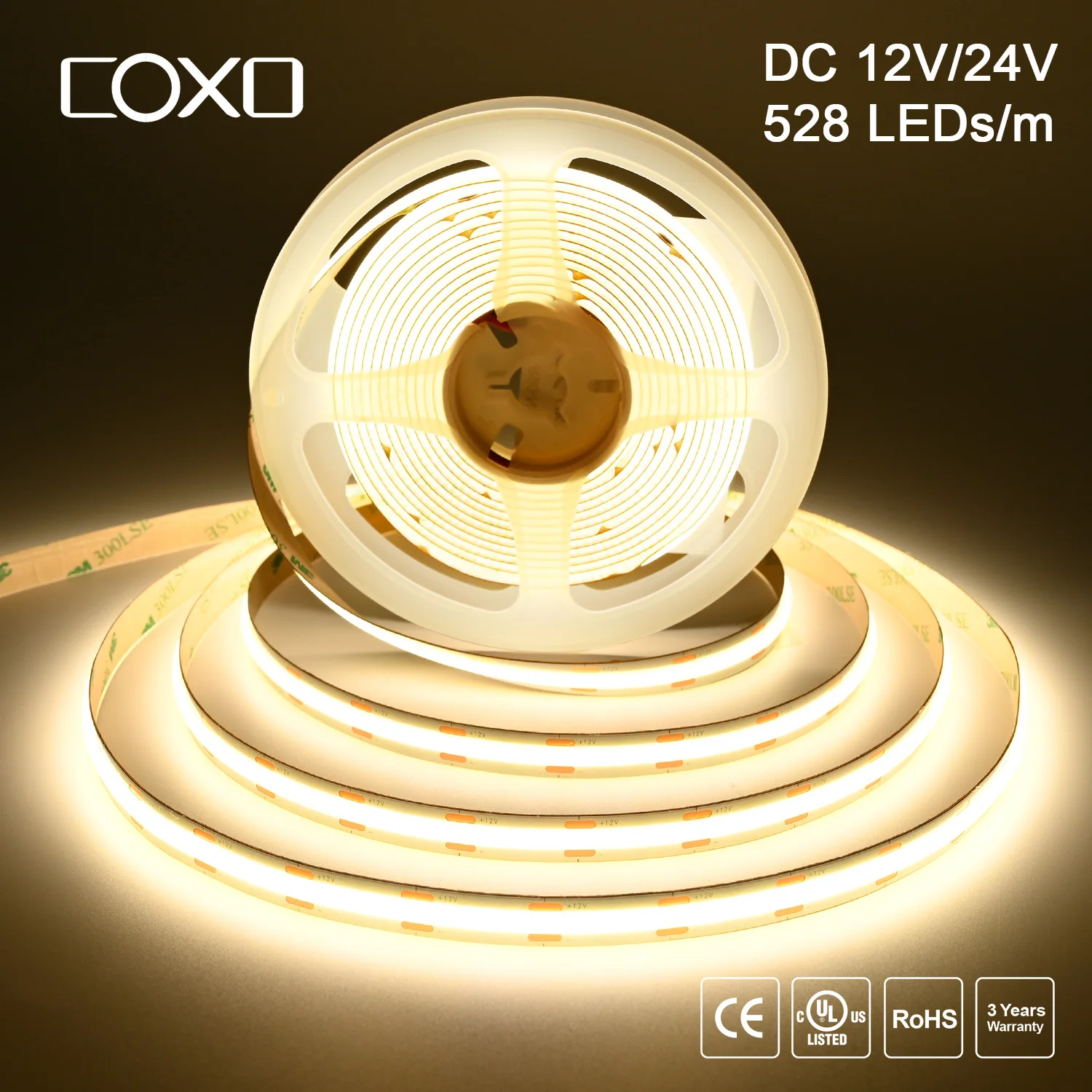 Linear Dimmable 24V 12V COB LED Strip Light 528LEDs/m High Density ...