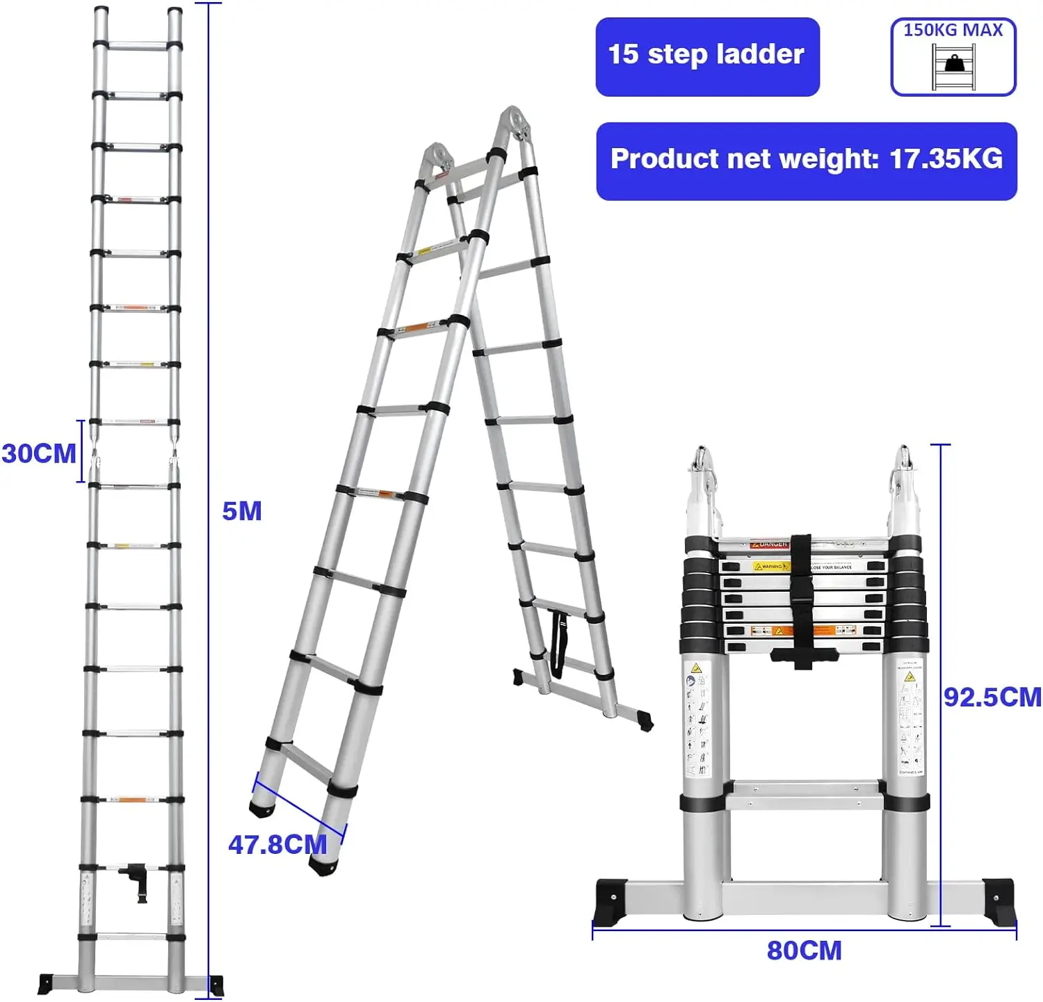 16.5ft/5M Extension Ladder Aluminum Telescoping Type A Ladder for Home ...