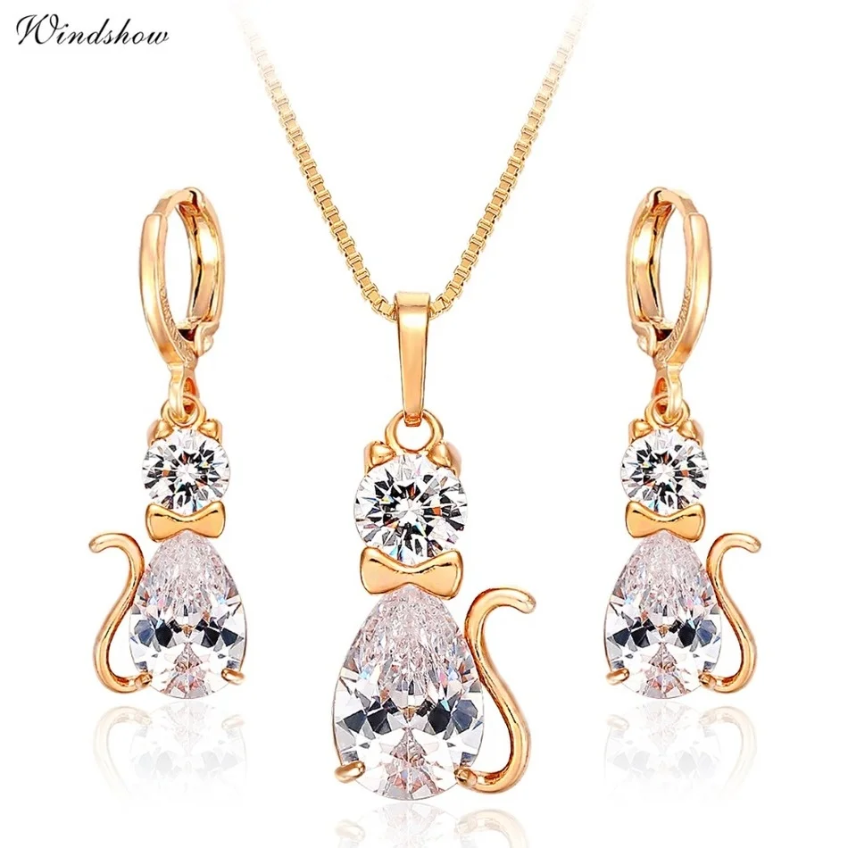 Cute Yellow Gold Color Kitty Cat Paved Aaa Cz Pendant Necklace Drop ...