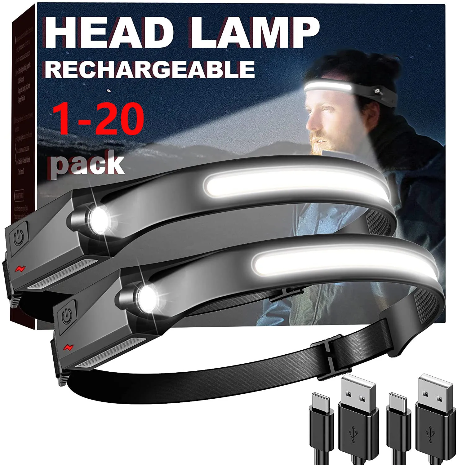1 20PCS LED headlamp rechargeable headlight 230 ° wide beam head lamp 5 ...
