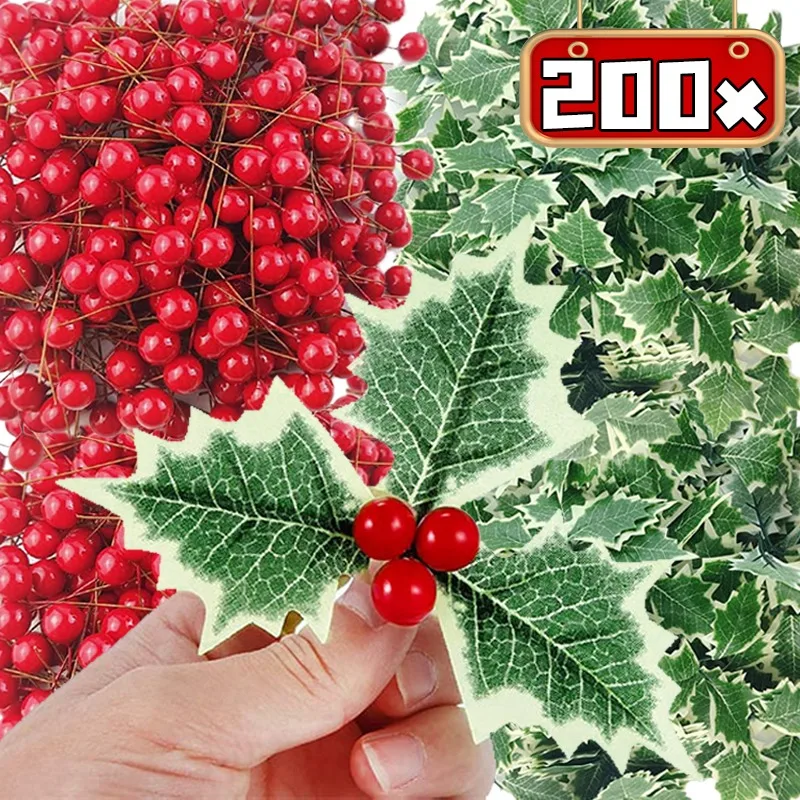 200/50pcs Artificial Holly Berry Leaves Fake Plants Green Leaf Red ...