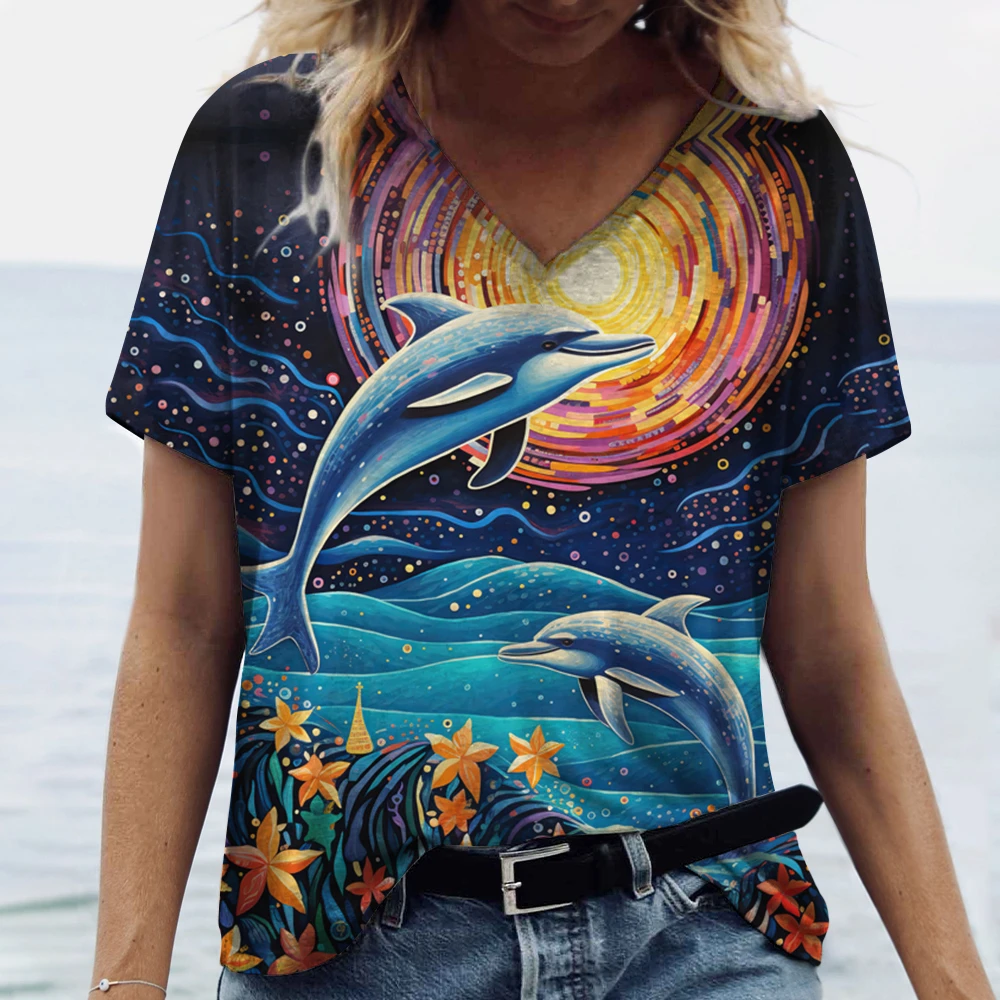 Dolphin-Printed-Women-s-T-Shirt-Casual-Oversized-Tops-Korean-Popular-V ...