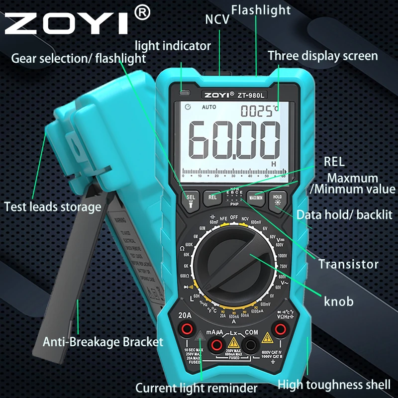 ZOYI-ZT-980L-digital-multimeter-6000-count-Transistor-Test-Frequncy ...