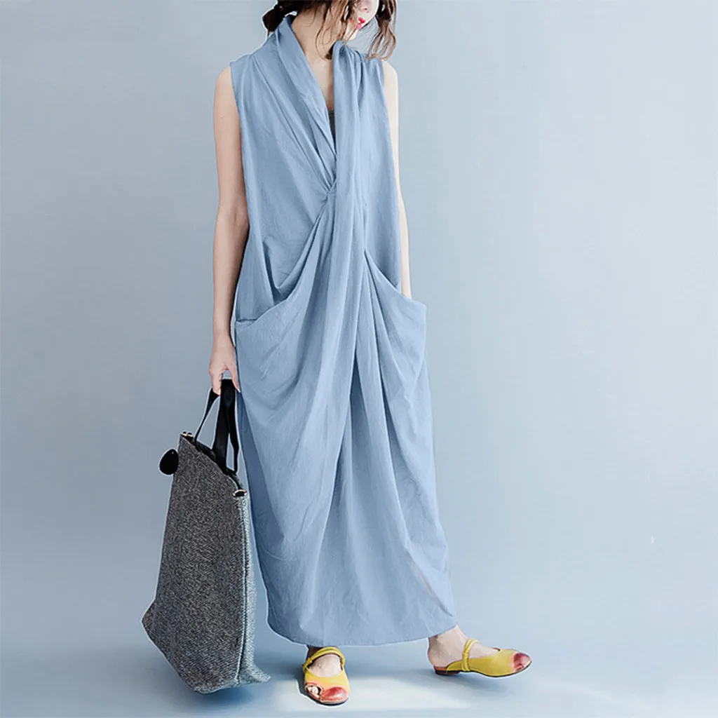 Women-Dress-Fashion-Cotton-Sleeveless-Deep-V-Neck-Robes-Loose-Irregular ...