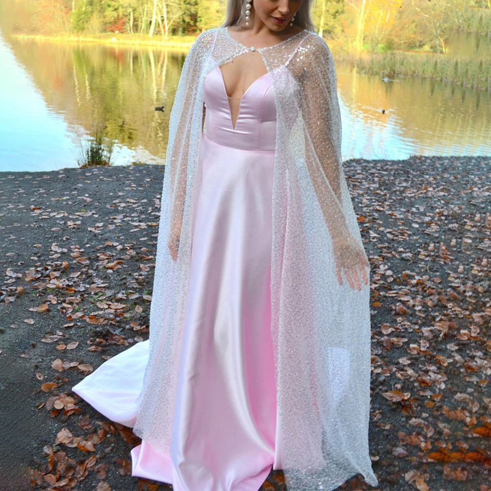 Wedding Bridal Sequin Long Cape Dinner Party Formal Lady Cloak O neck ...