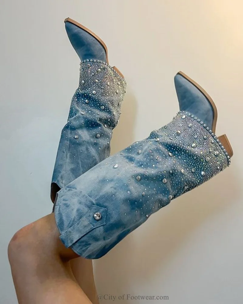Crystal-Denim-Western-Boots-Rhinestone-Pointed-Toe-Fold-Chunky-Heel ...