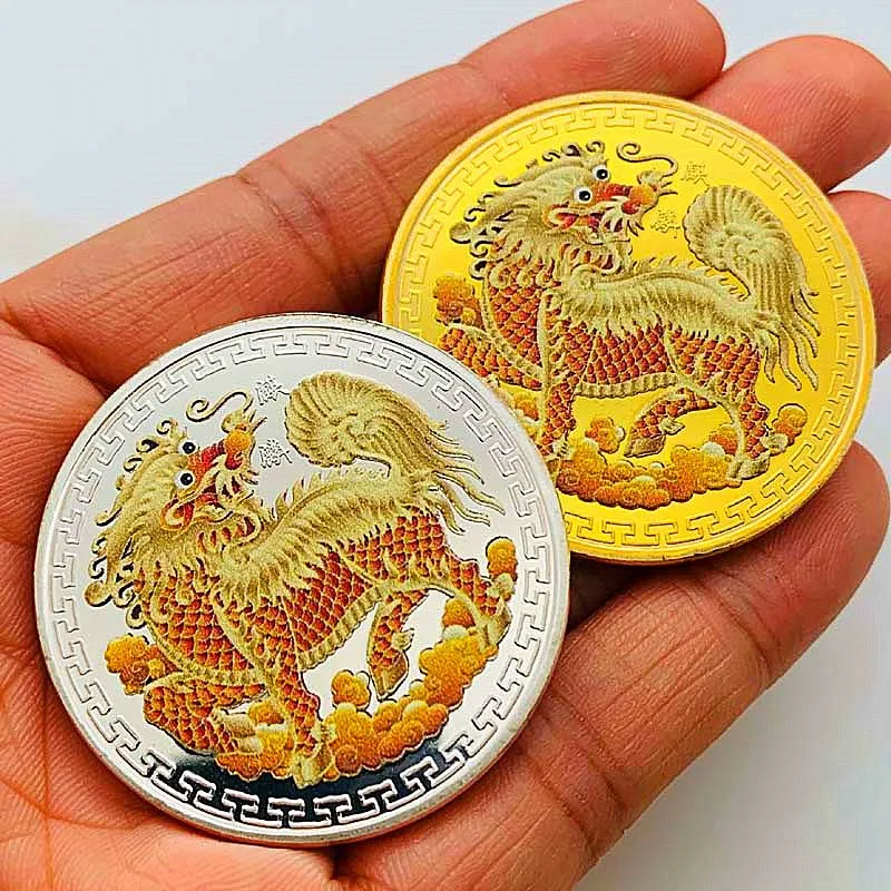Chinese-Unicorn-Animal-Gold-Coin-Painted-Commemorative-Medal-Baifu-Gold ...