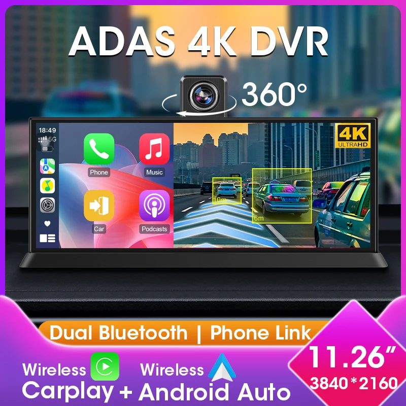 10/11.26" 4K ADAS Dash Cam 360° Rotate Front Len Car DVR Wireless ...