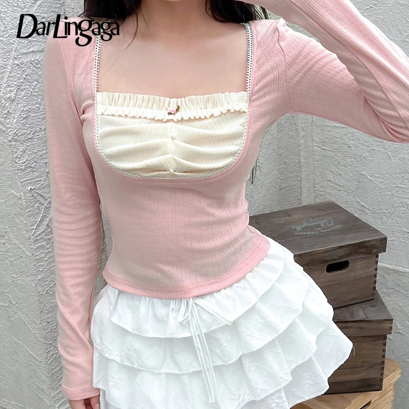 Darlingaga-Square-Neck-Pink-Korean-Autumn-T-shirts-for-Women-Patched ...