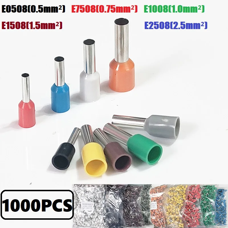 1000PCS-E0508-E7508-E1008-E1508-E2508-Insulated-Ferrules-Crimp-Terminal ...