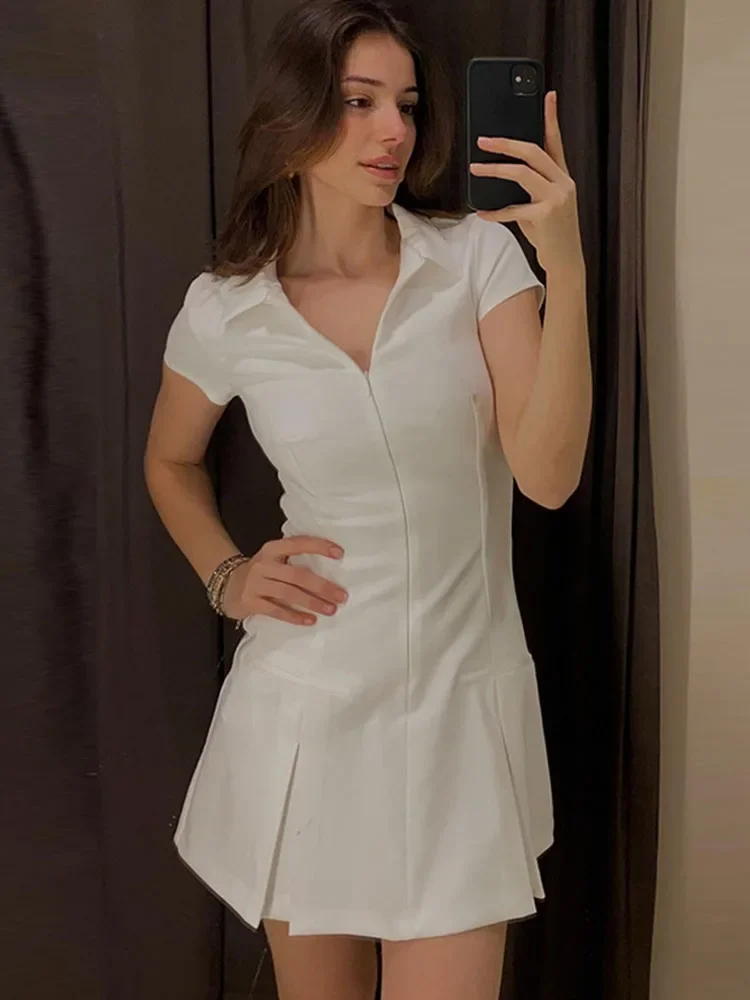 White Elegant Smocked Mini Dress Women's Summer Fashion Shirt Collar ...