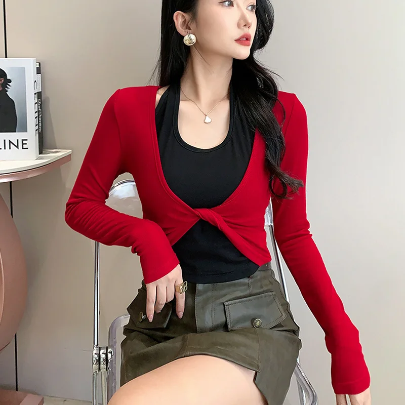 8529-False-Two-Piece-T-Shirt-Women-Round-Neck-Streetwear-Hip-Hop-T ...