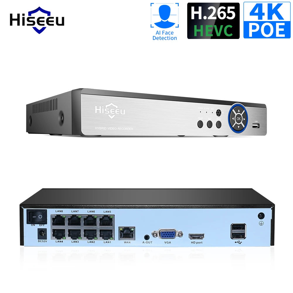 Hiseeu POE IP 카메라용 감시 보안 비디오 레코더, 4K 16CH POE NVR Onvif H.265, 1080P ...