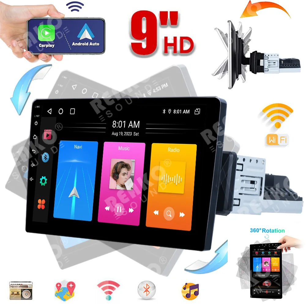 REAKOSOUND-Universal-360-Rotation-Android-Car-1-Din-Radio-9inch-GPS ...