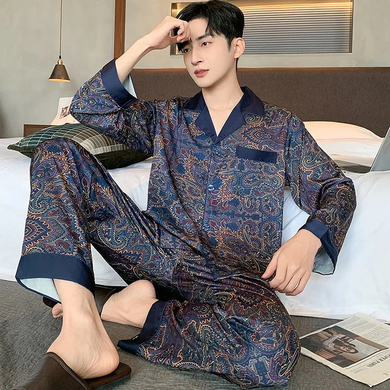 High Quality Men Pajamas Suit Spring Fall Ice Silk High-end Long ...
