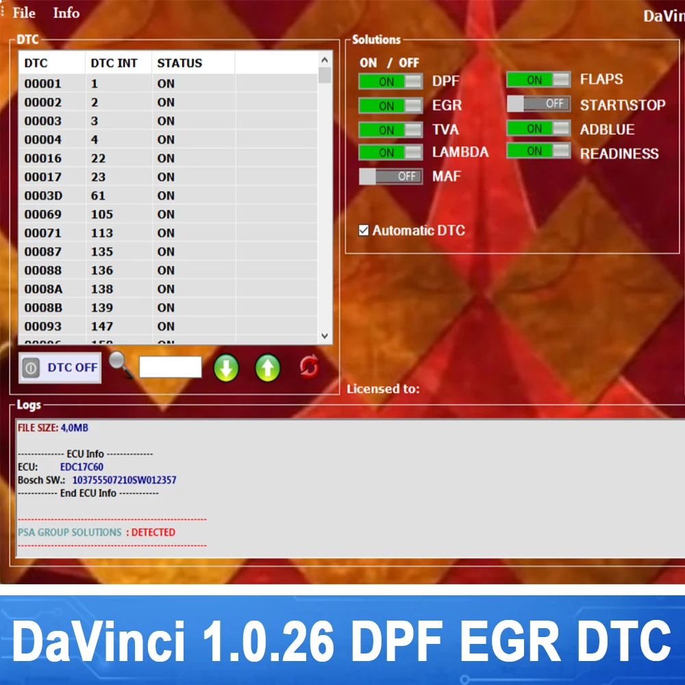 DaVinci 1.0.26 writh zu ecu DPF EGR DTC KLAPPEN ADBLUE OFF SOFTWARE ...