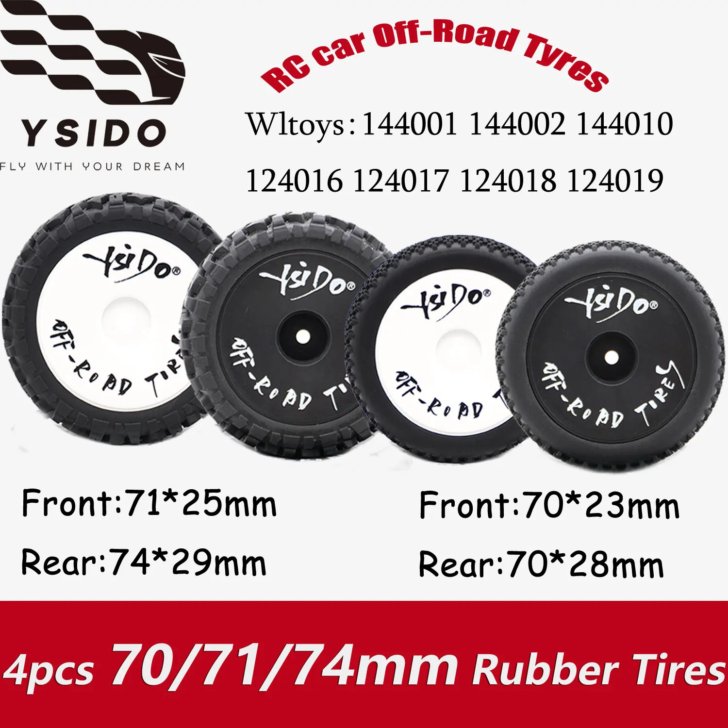 4Pcs Front Rear Rubber Wheel Tire Kit 70/71/74mm 12mm HEX for 1/14 1/12 ...