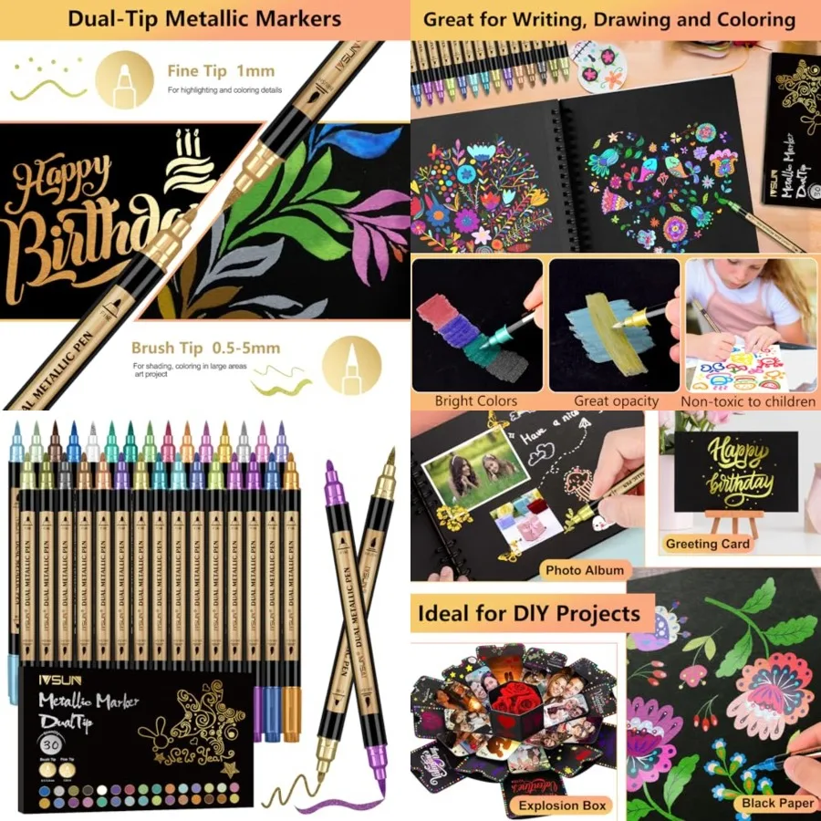 Metallic Marker Pens 30 Colors Dual Tip Acrylic Paint Pens for Black ...