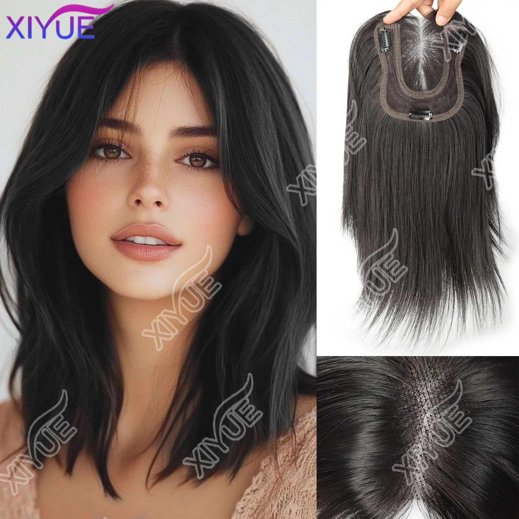 synthetic 30cm Mixed Hair Straight Invisible 3D Toupee Clip in One ...
