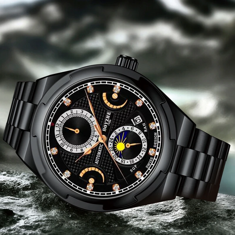 BOYZHE Brand New Fashion Moon Phase 24 Hour Mechanical Watch for Men ...