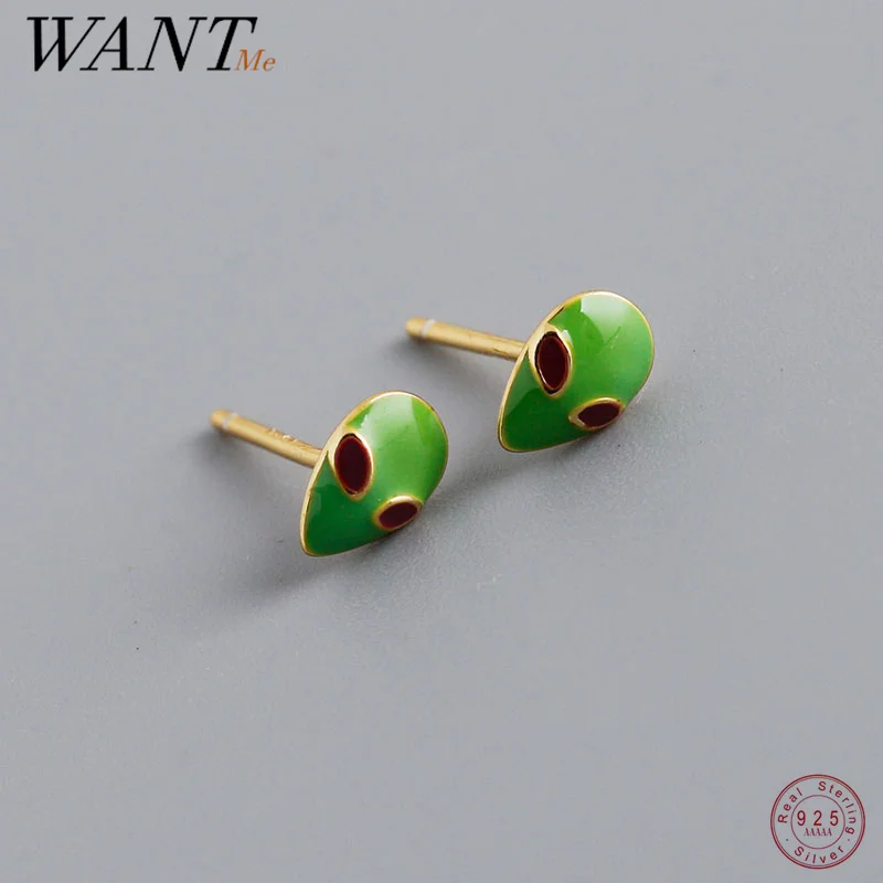 WANTME 925 Sterling Silver Cute Green Enamel Alien Stud Earrings for ...