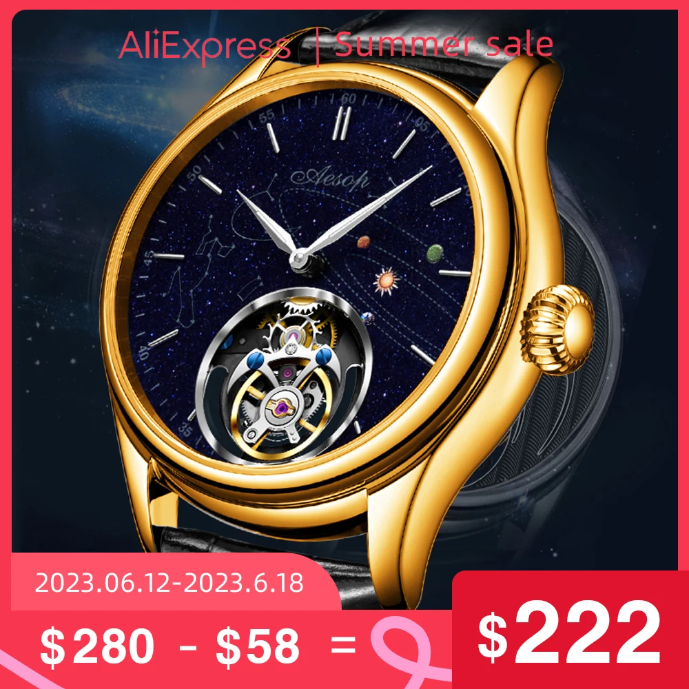 Top Brand AESOP Men Gold Tourbillon Watch Star Sky Sapphire Mirror ...