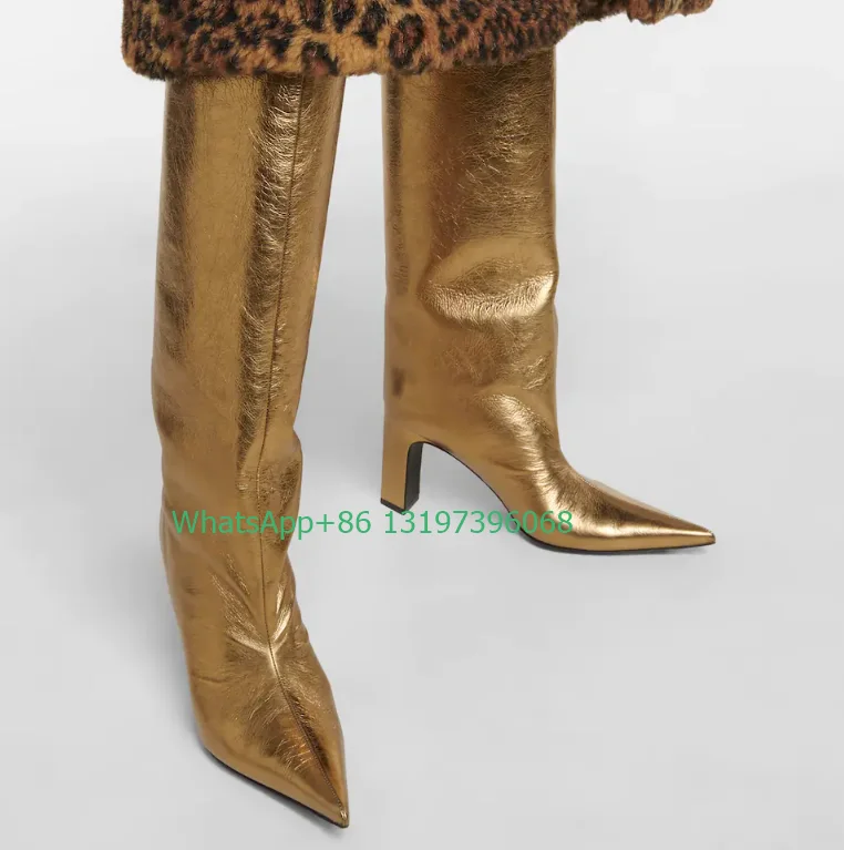 Lady-metallic-golden-design-knee-boots-pointed-toe-shaped-heel-boots ...