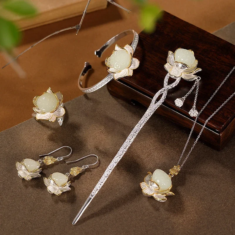 Classic Lotus Flower Jewelry Sets Natural Hotan Jade Various Exquisite ...