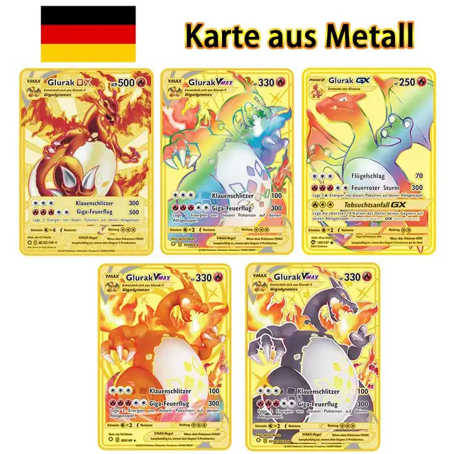 Steel Pokemon Cards in German Golden Metal Charizard Vmax DX GX Rainbow ...