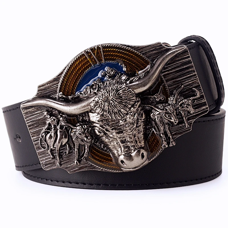 Skull Bull Ox Horn Men Leather Belt Cow Head Skeleton Western Cowboy ...