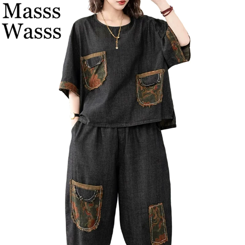 Masss Wasss Summer Outfits Women Printed Denim 2 Pieces Sets Fashion ...