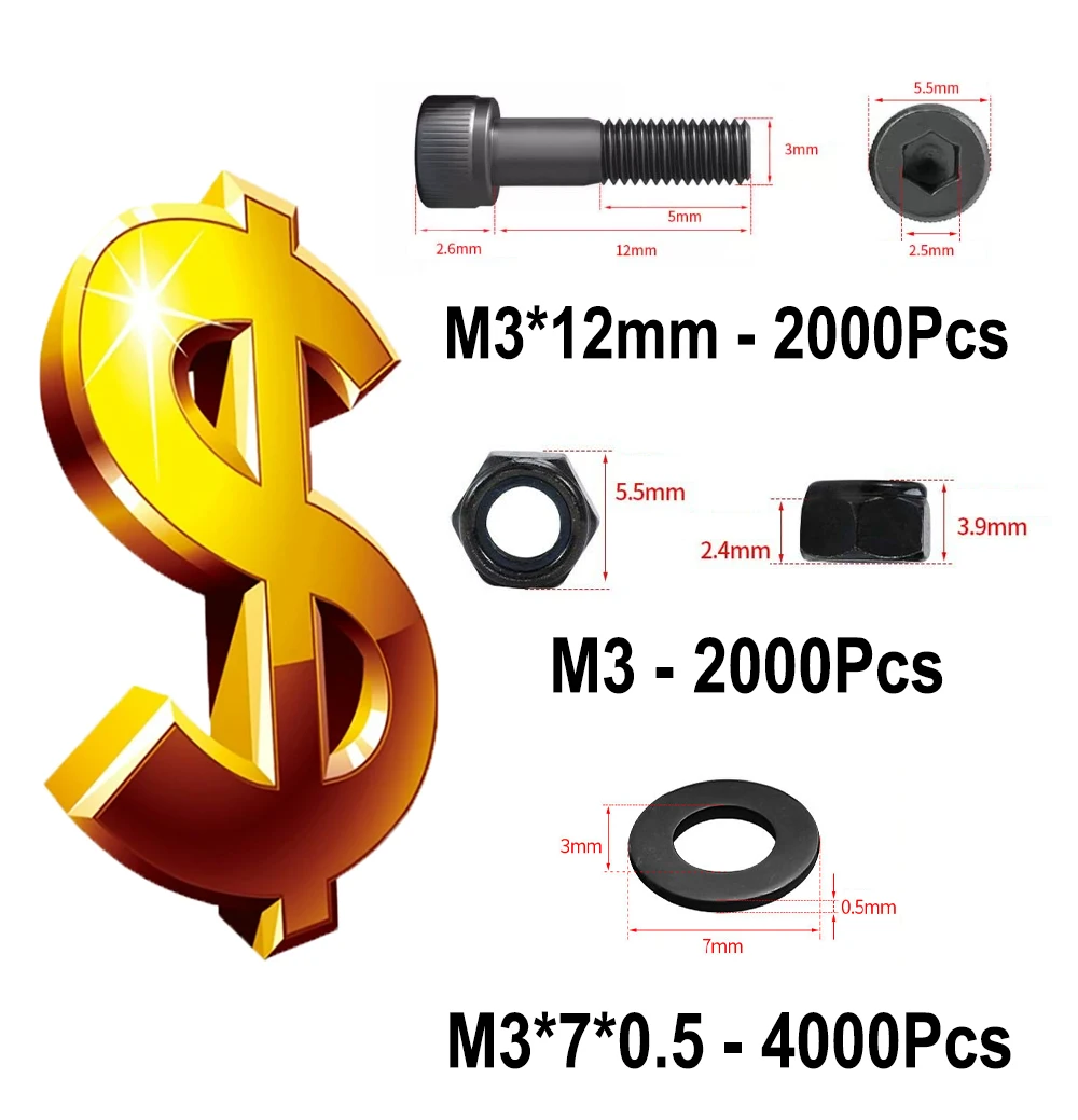 2000Pcs M3*12 Screws + 2000Pcs M3 Nuts + 4000Pcs M3*7*0.5 Washers ...