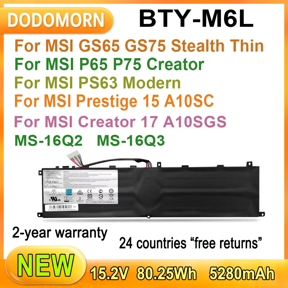 New BTY-M6L Battery For MSI GS65 GS75 stealth Thin Series P75 P65 PS63 ...