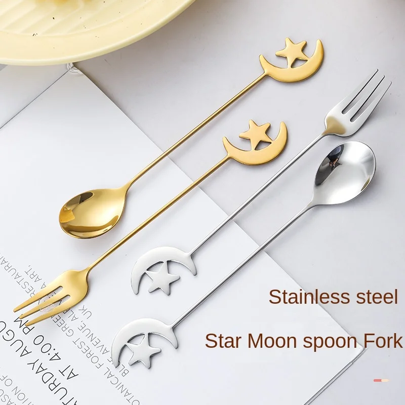 304-Stainless-Steel-Creative-Star-Moon-Spoon-Fork-Dessert-Accompanying ...