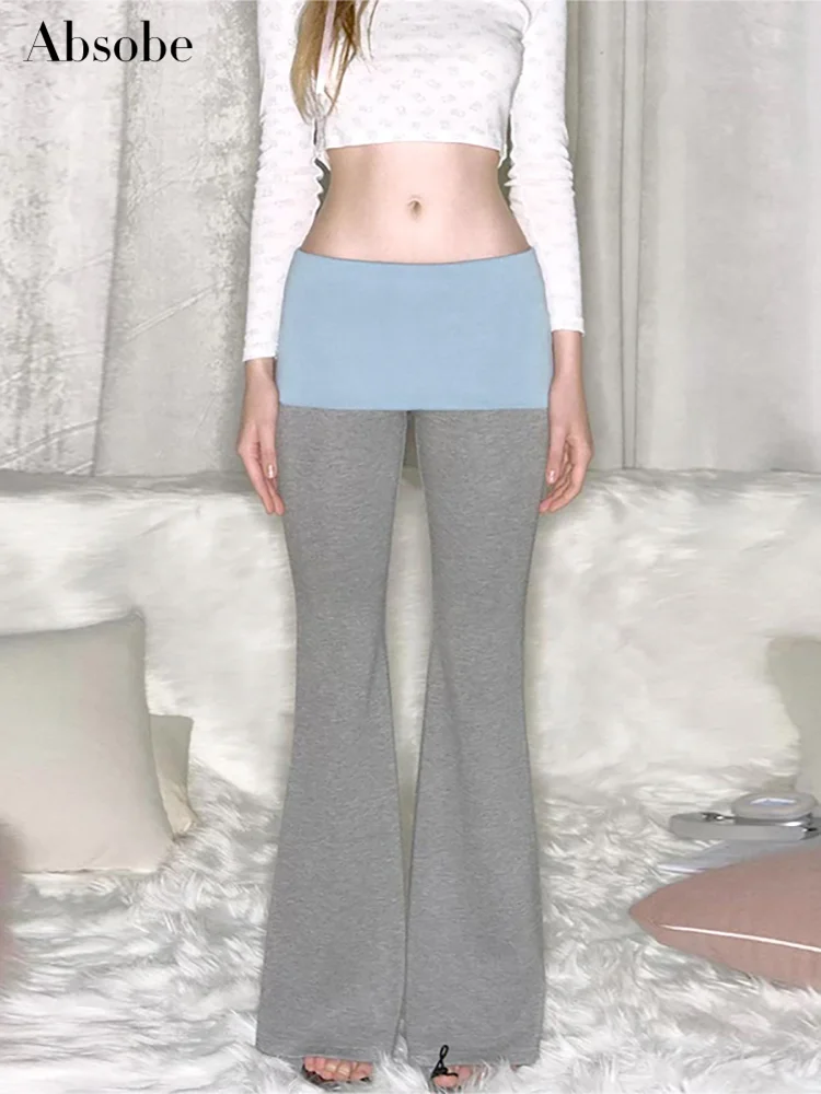 Absobe-Contrast-Patchwork-Fold-Over-Loose-Flare-Pants-Women-Low-Rise ...
