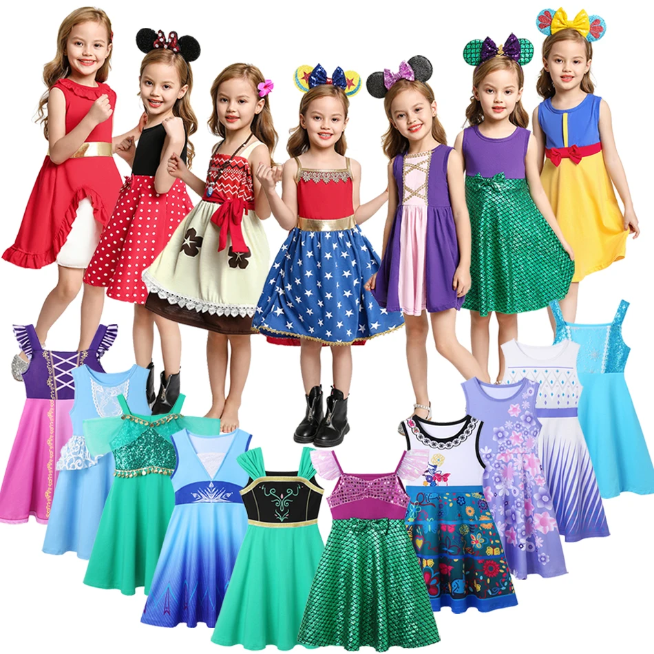 Disney-Girls-Princess-Cute-Dress-Elsa-Anna-Summer-Ariel-Dress-Cotton ...