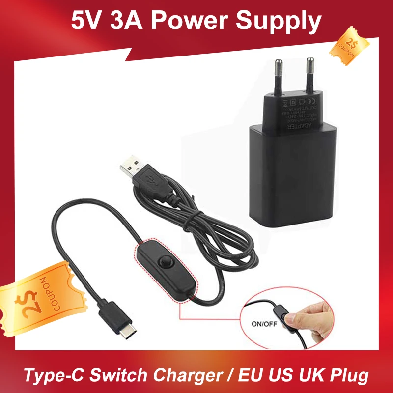 Raspberry-Pi-4-Power-Adapter-5V-3A-USB-C-Micro-USB-Switch-Charger-Cable ...