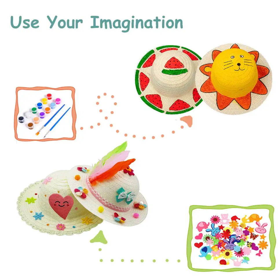 Straw Hats For Crafts 8pcs Kids Creative Painting Sun Hats White DIY ...