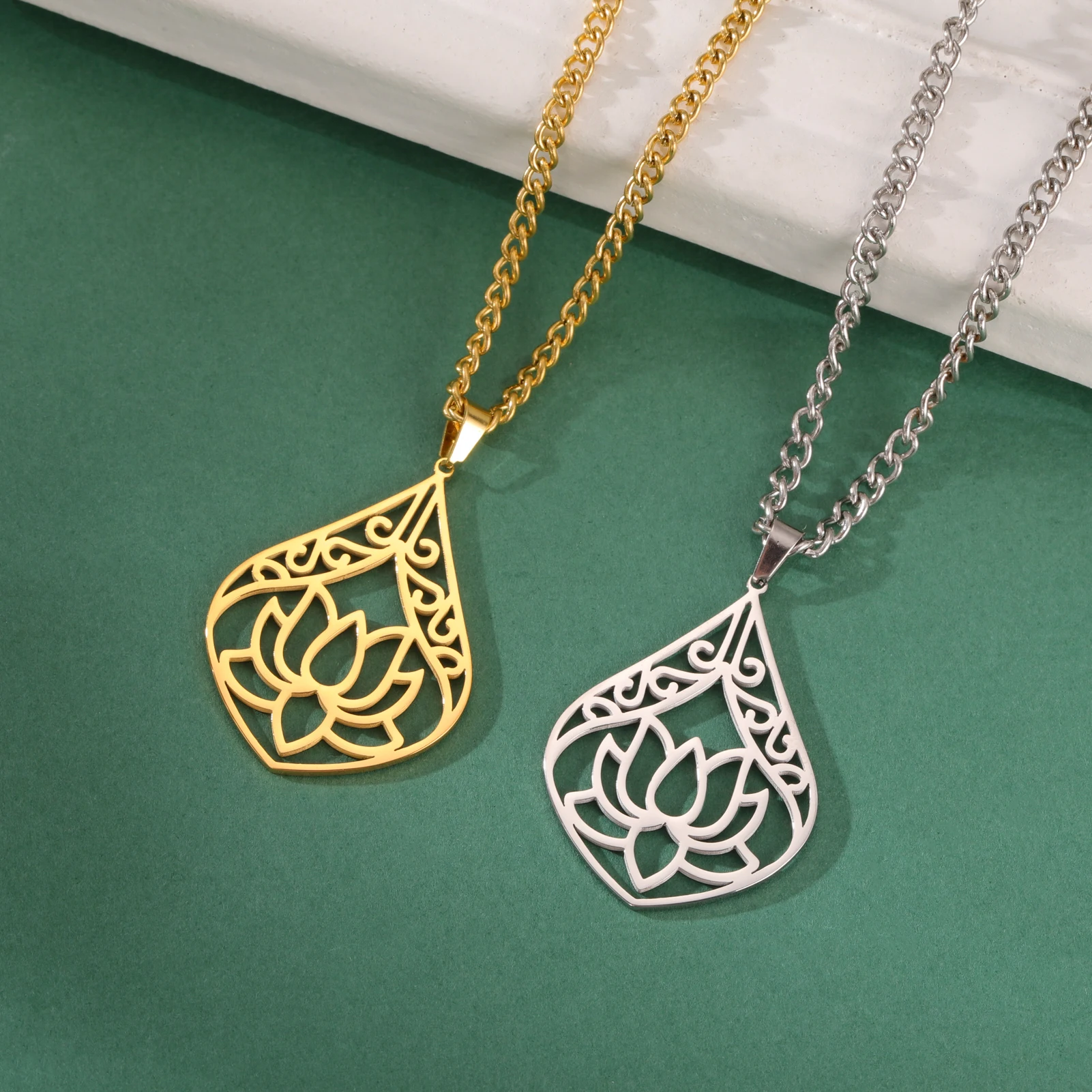 LIKGREAT Lotus Pendant Necklace Lotus Flower Double Layer Choker ...