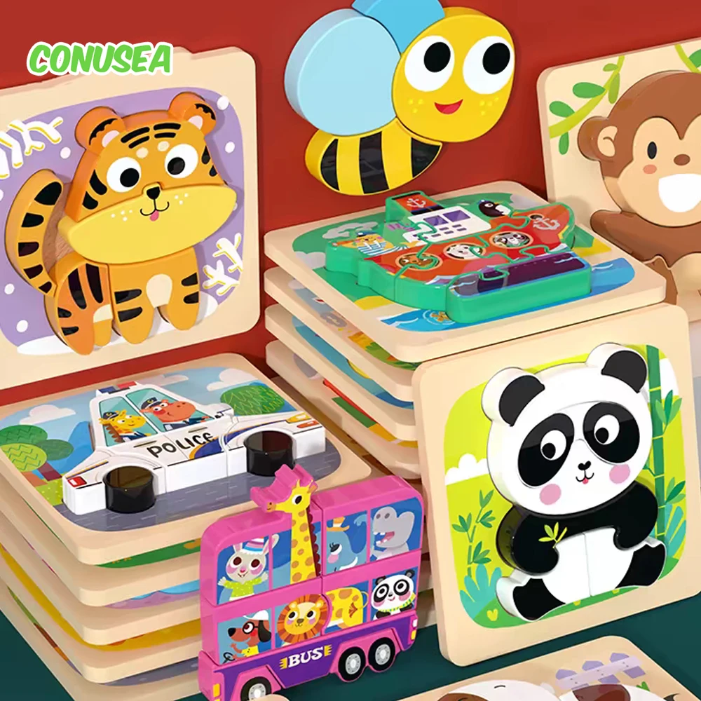 Montessorri Toys 3D Wooden Puzzles Boards Baby Toys Cartoon Vehicle ...